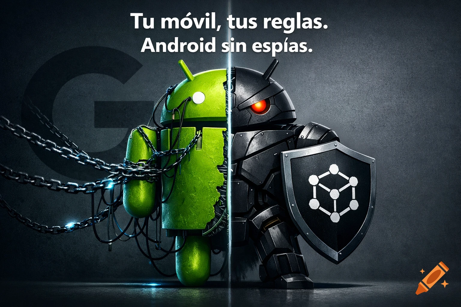 Split Android robot, one half green and chained, the other dark armored ...