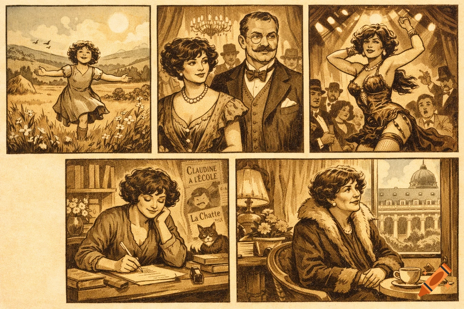 Five sepia-toned comic panels depicting the life of Colette. Panels ...