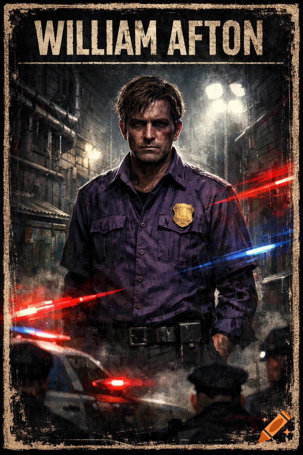 A distressed man in a purple uniform, identified as William Afton ...