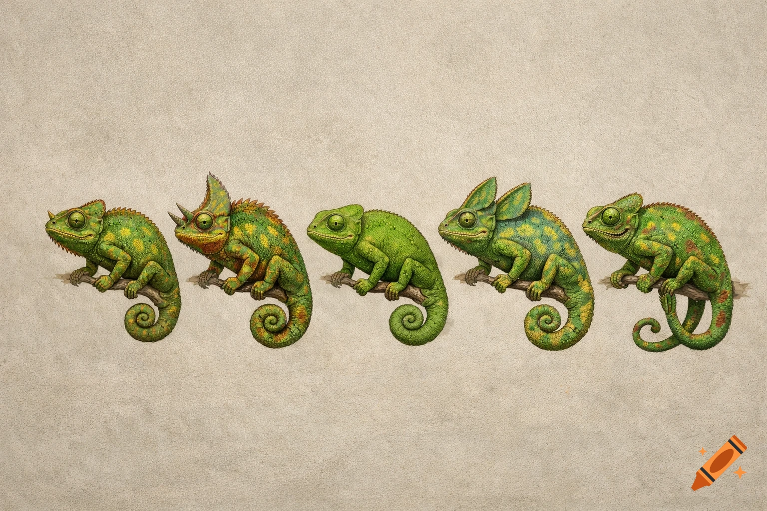 Five illustrated chameleons on branches, each with different ...