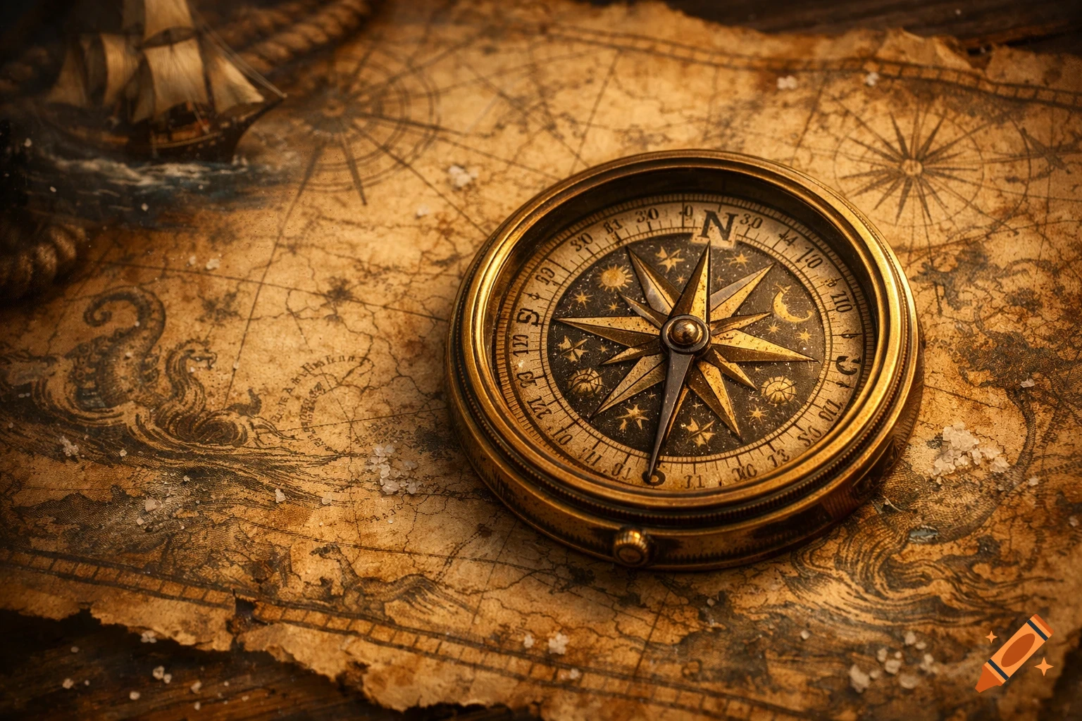 A vintage brass compass with a detailed windrose design lies on an old ...