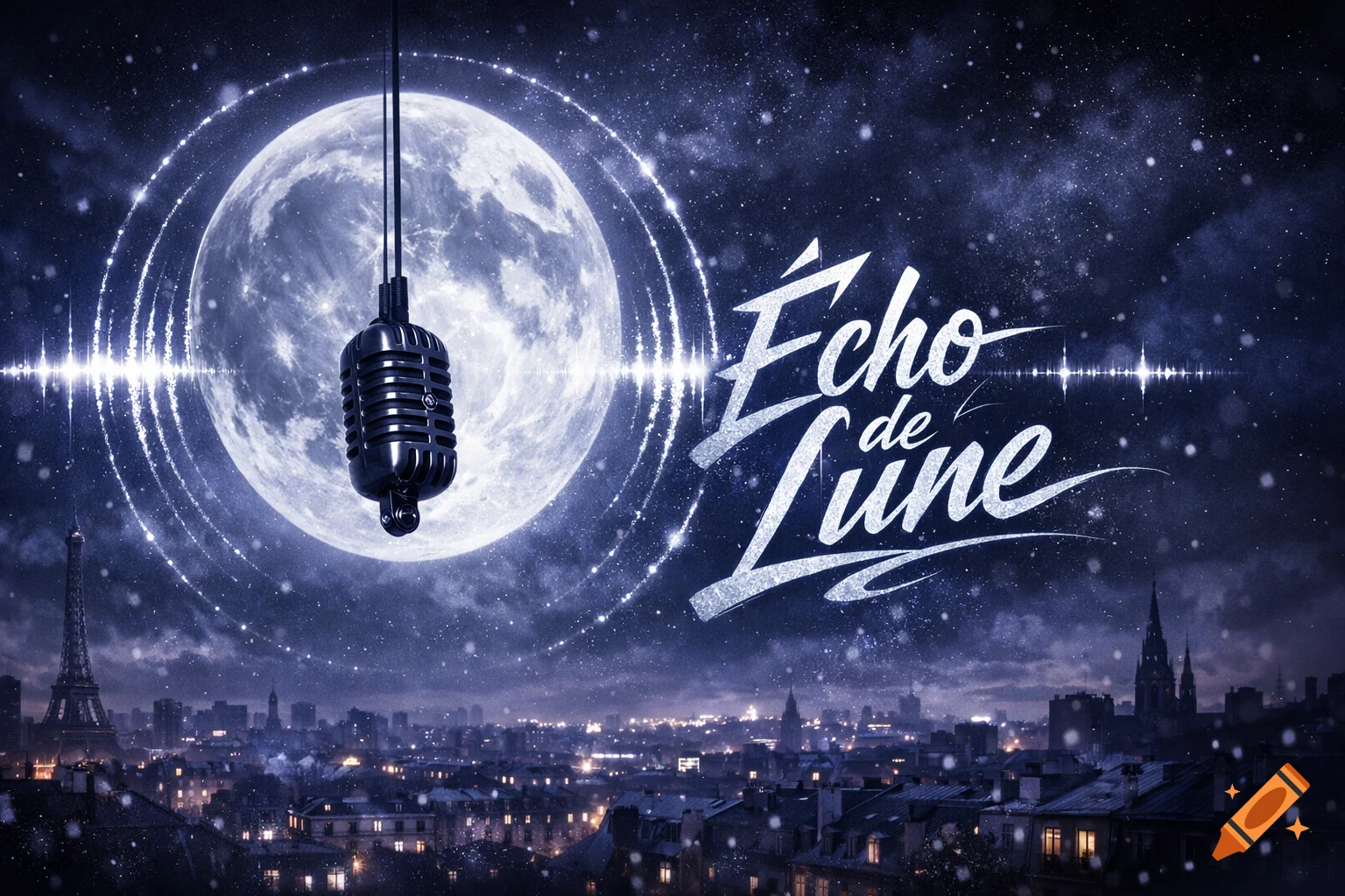 A vintage microphone hangs in front of a giant, glowing full moon above ...