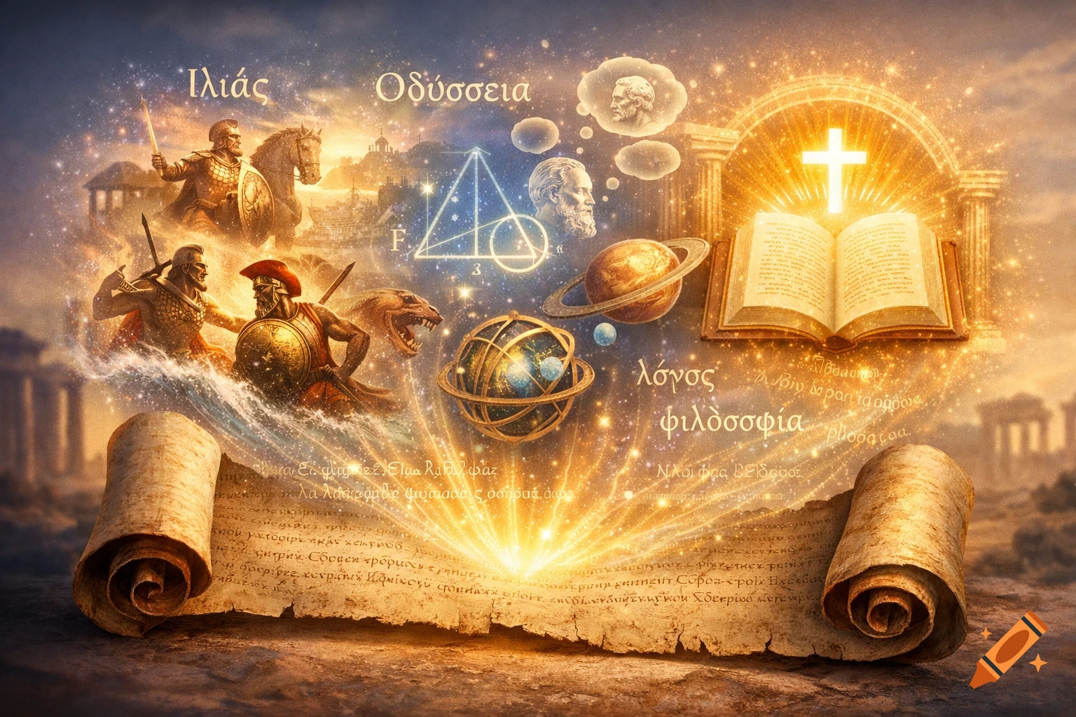 An epic, golden-hued artistic rendering symbolizing Greek history and ...