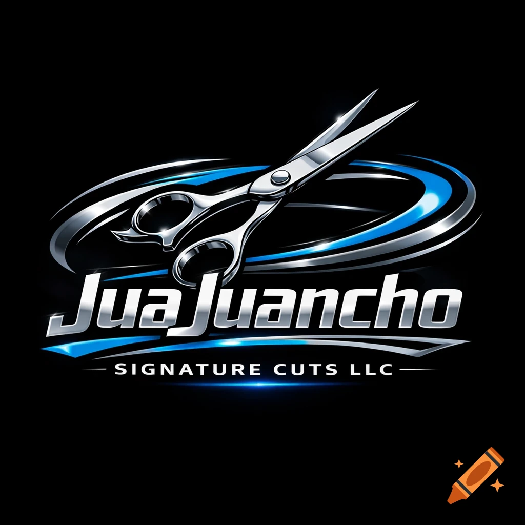 Metallic silver and blue logo for 'JuaJuancho Signature Cuts LLC ...