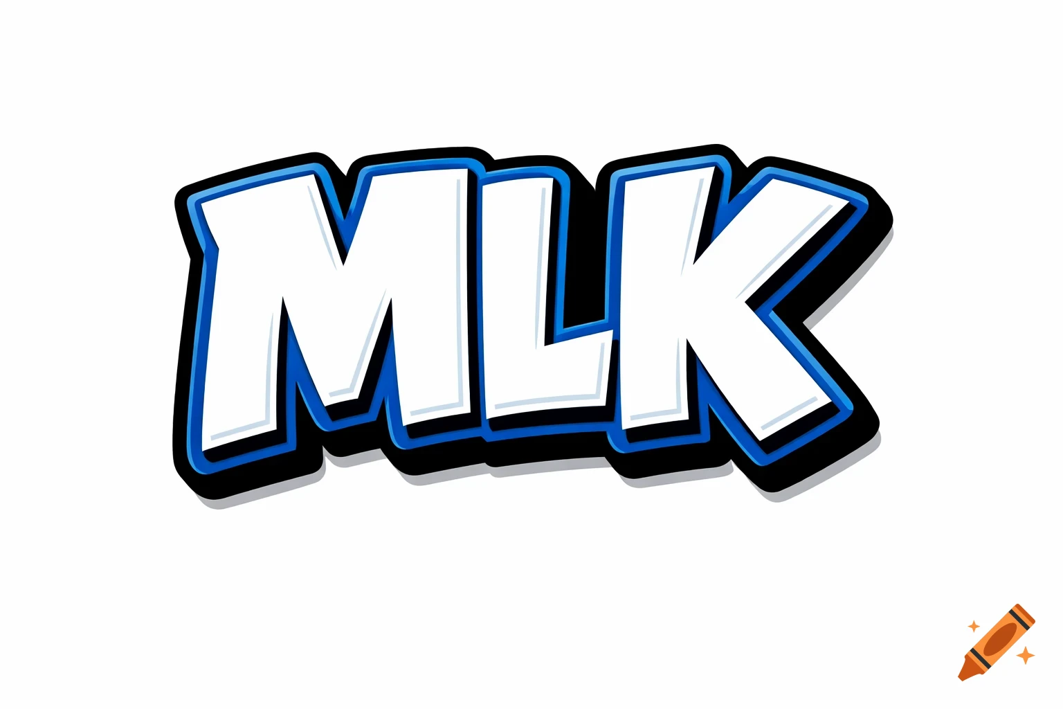 White letters MLK in a stylized candy/comic logo with blue outline ...