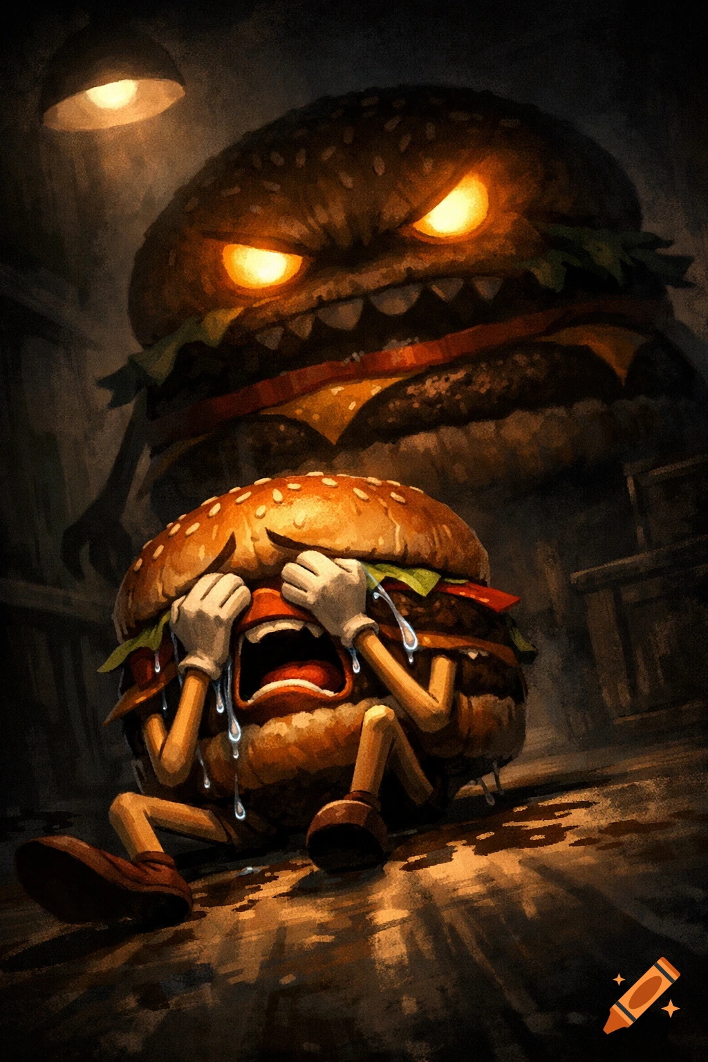 A small, crying burger with lanky limbs and white gloves sits on the ...
