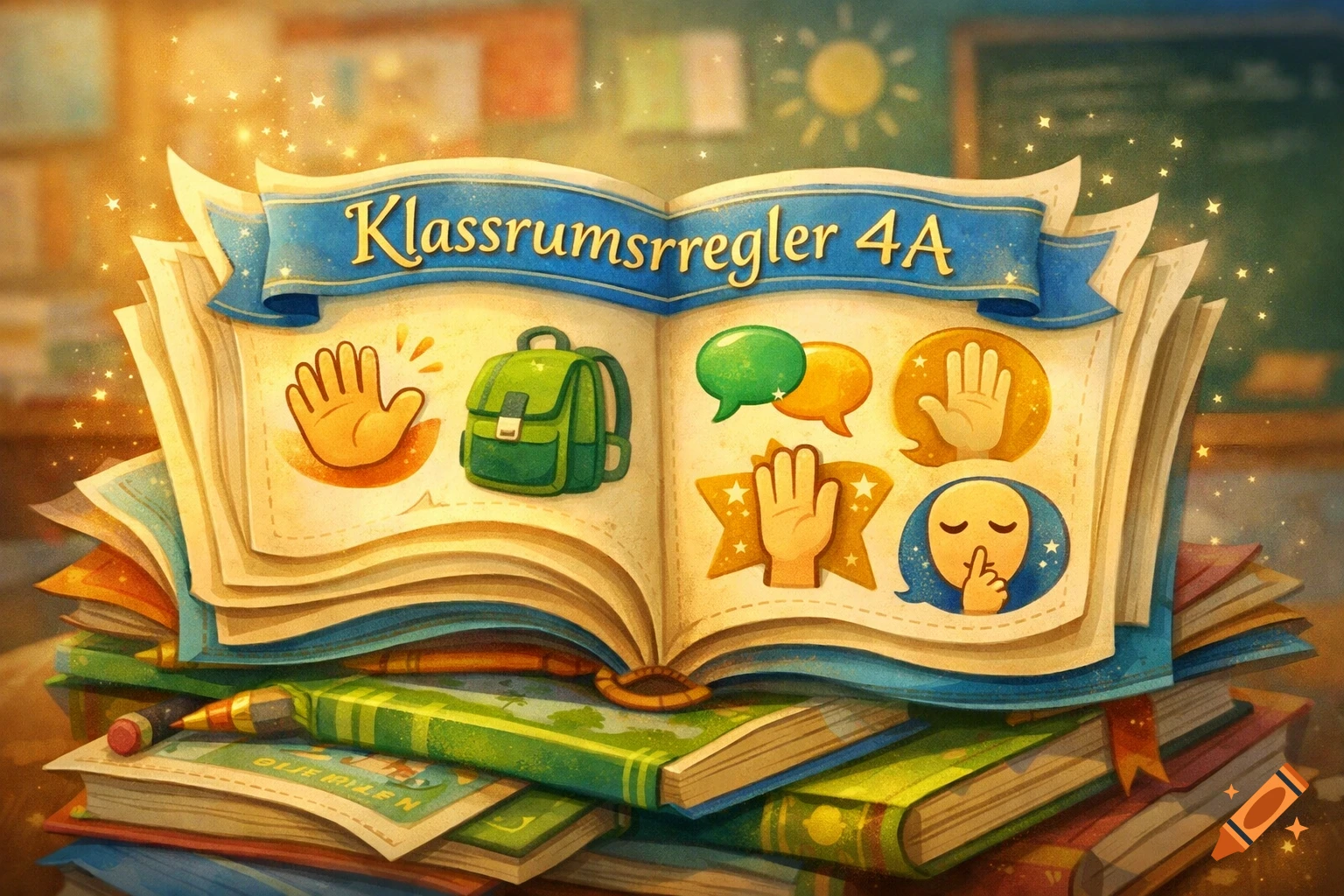 An open book with 'Klassrumsregler 4A' on a blue banner, featuring ...