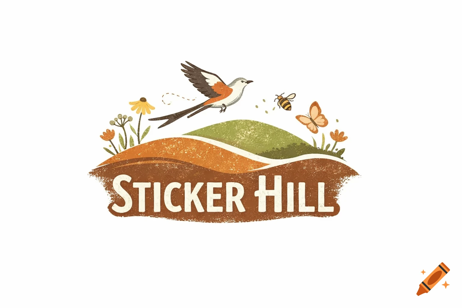 A rustic-style logo features a bird, bee, and butterfly flying over ...