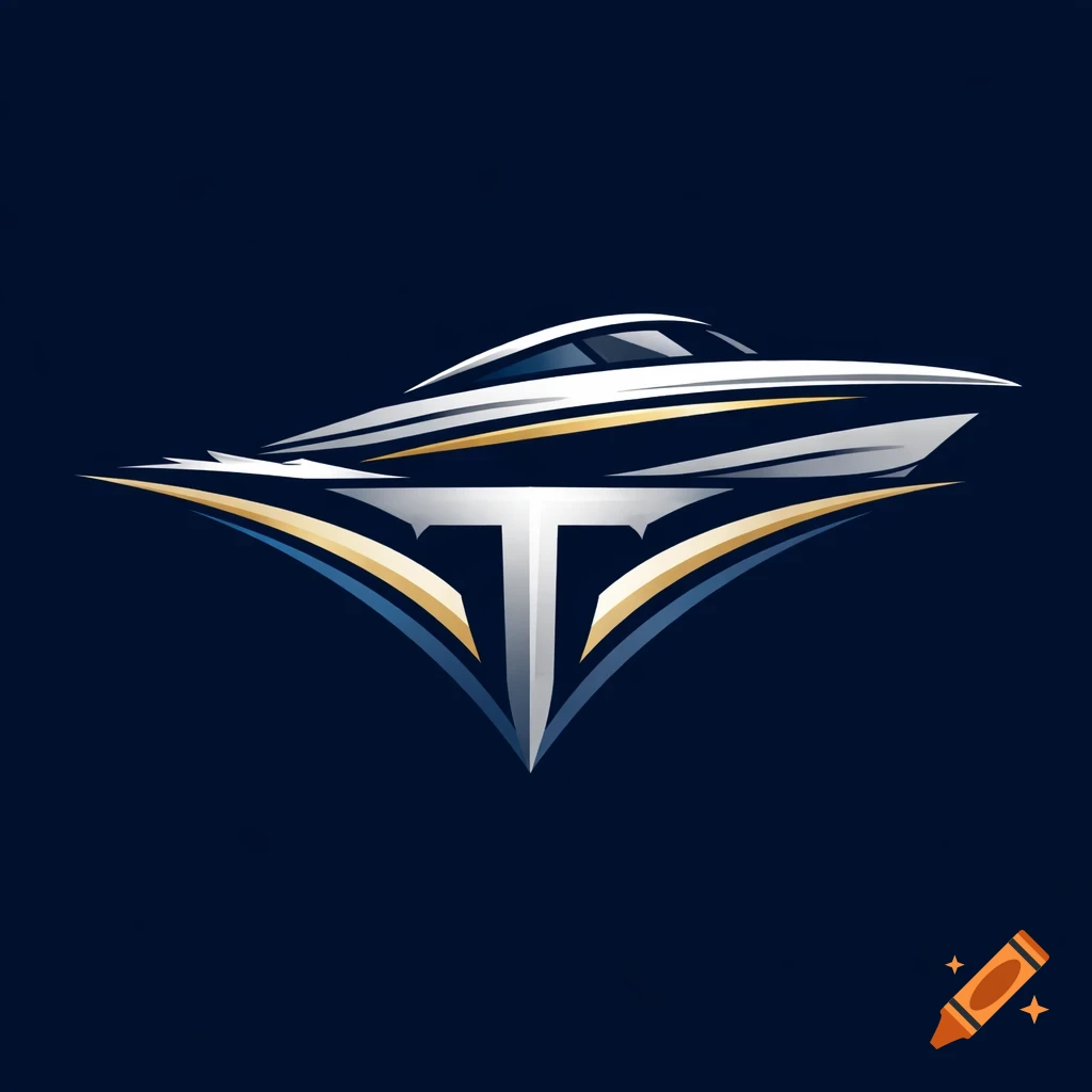 Sleek white, blue, and gold boat logo with a prominent silver 'T' shape ...