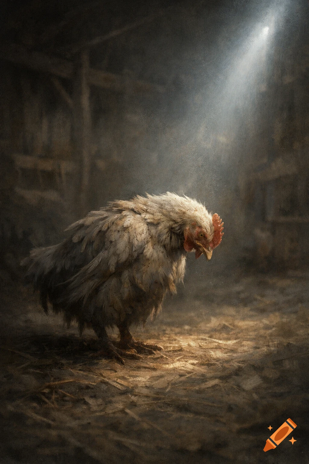 A photorealistic sad-looking chicken with ruffled feathers stands in a ...