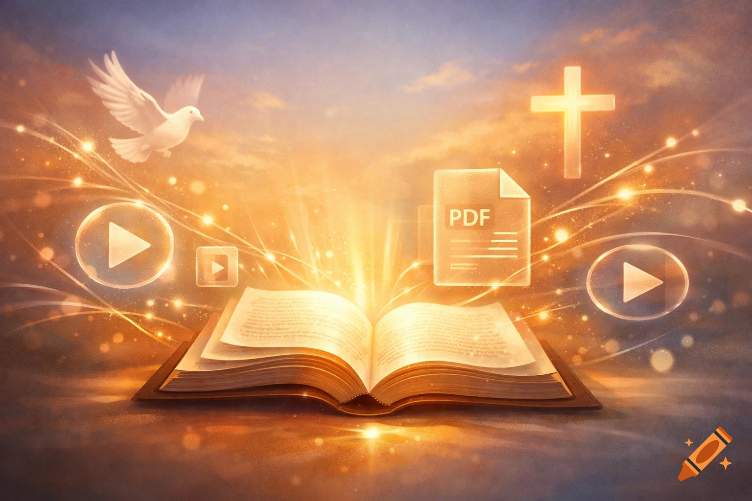 An open Bible emitting golden light, surrounded by glowing PDF and play ...