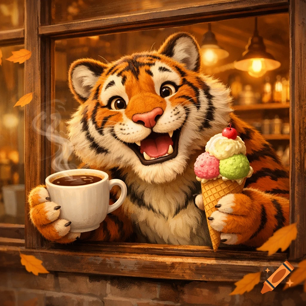 A cheerful cartoon tiger looks out a window, holding a steaming coffee ...