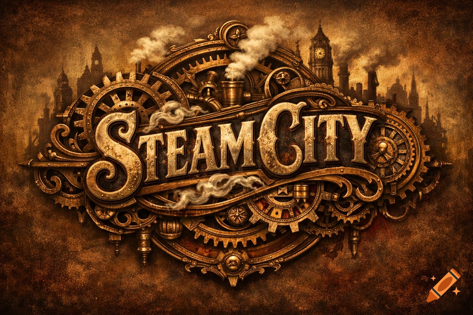 Ornate steampunk-style logo for 'Steam City' with gears, pipes, smoke ...