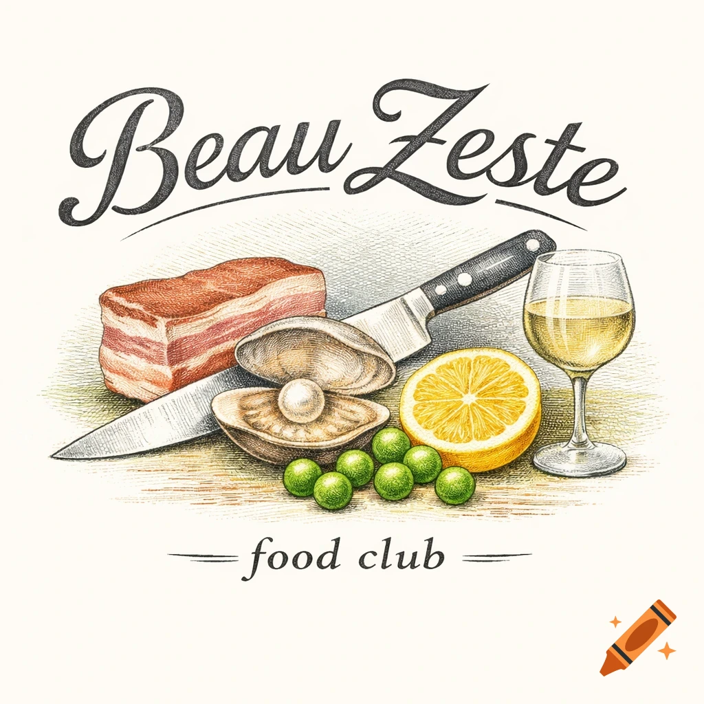 Lithography-style logo for "Beau Zeste food club" with bacon, oyster ...