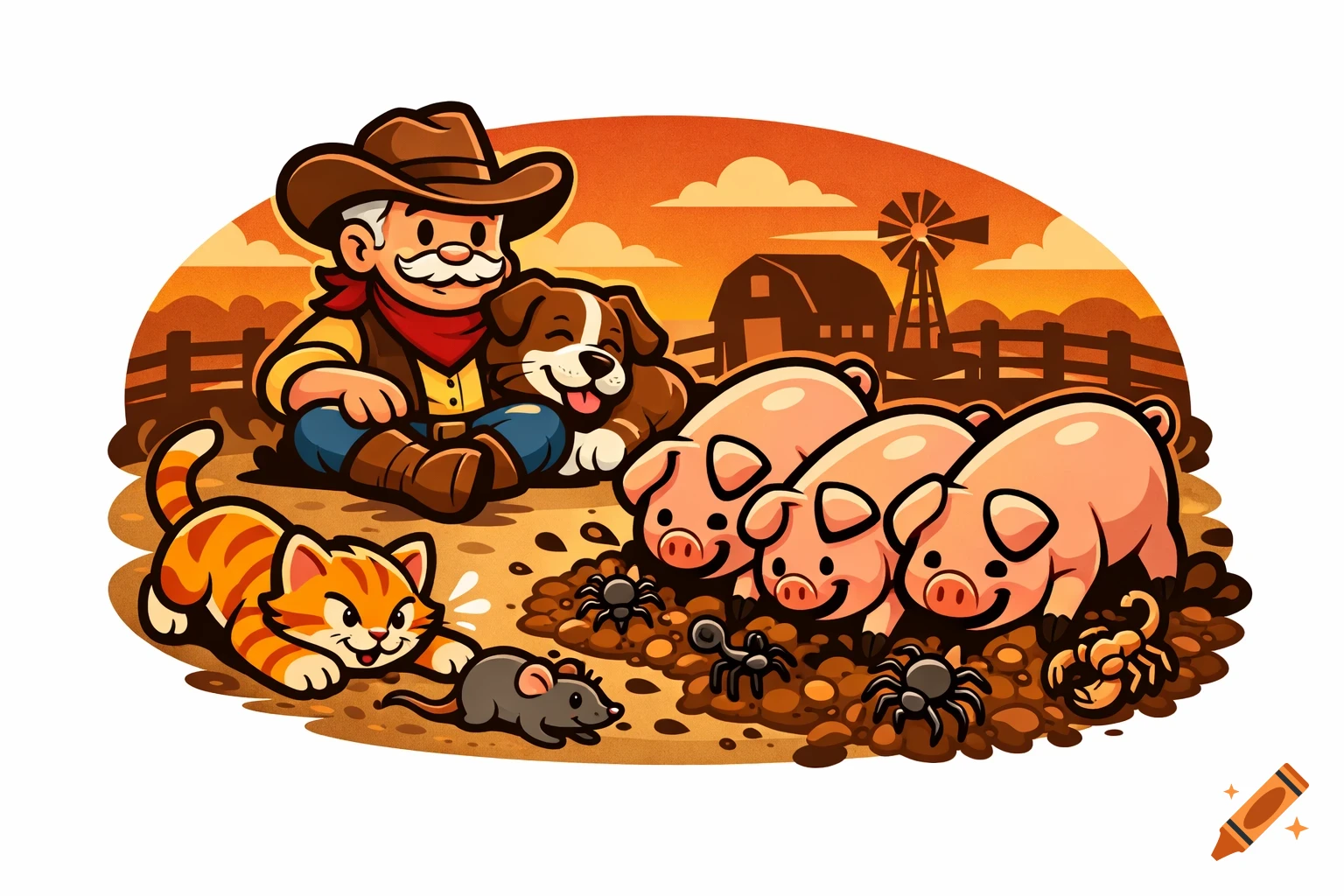 A cartoon cowboy and his dog sit on a farm while a cat chases a rat and ...