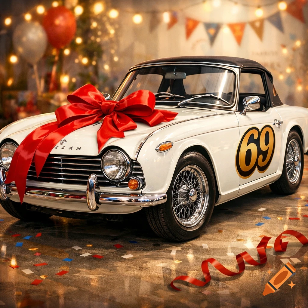 A vintage white Triumph TR4 convertible with a large red bow on the ...