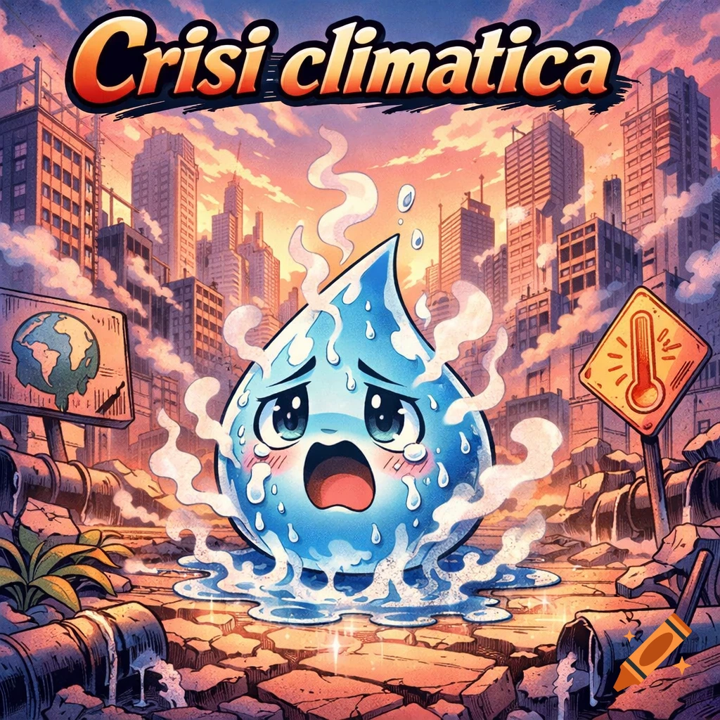 A cartoon water droplet sadly evaporates in a cracked, polluted ...