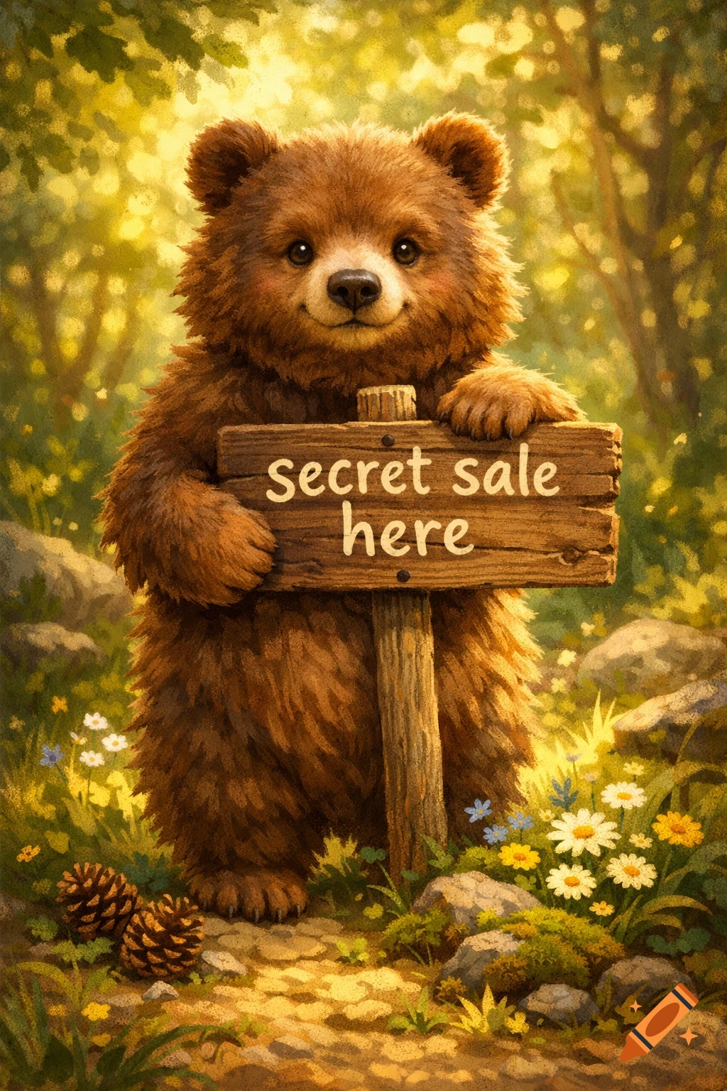 A cute cartoon bear stands in a sunny forest, holding a wooden sign ...