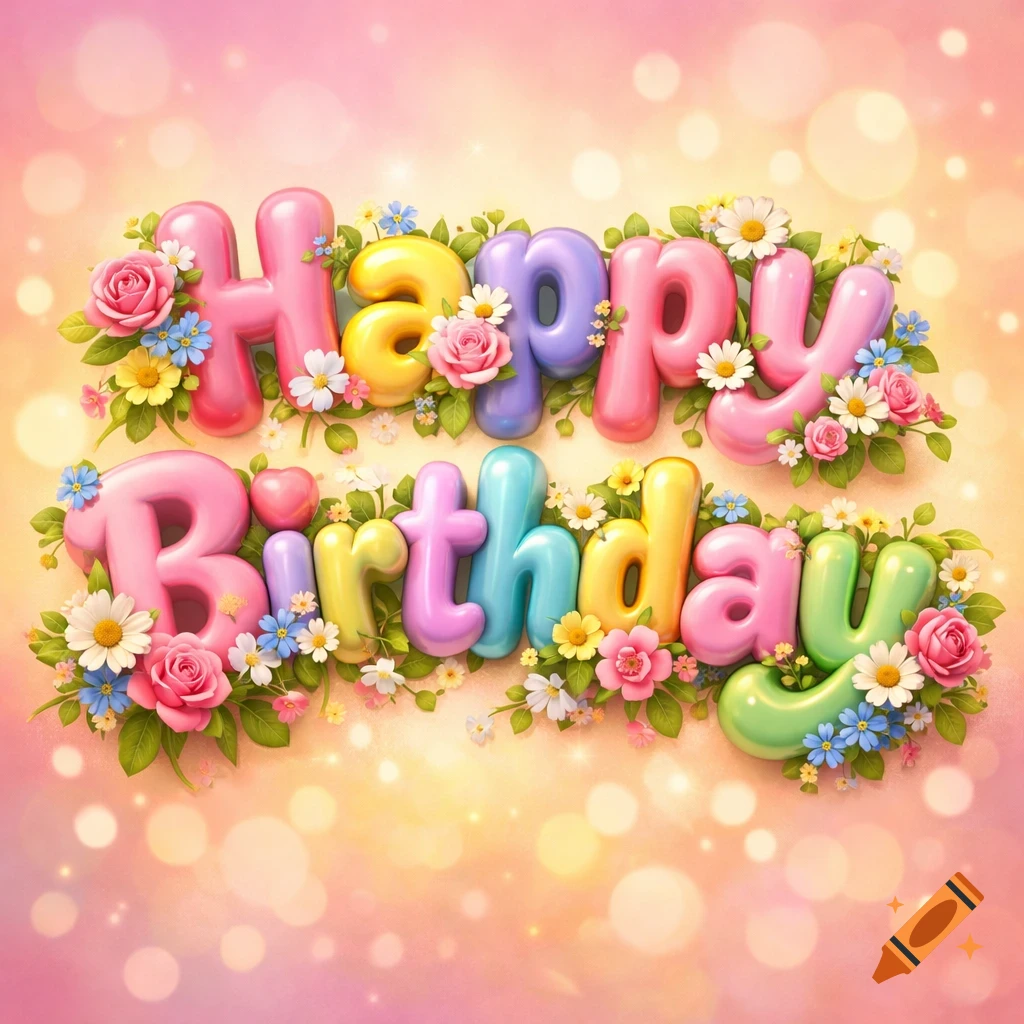 Colorful bubble letters spelling "Happy Birthday" adorned with pink roses, daisies, and blue ...