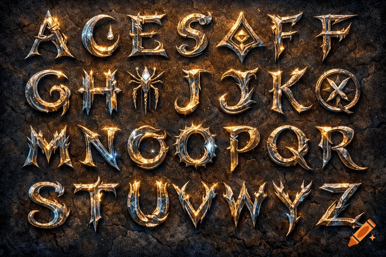 A full invented alphabet A-Z in a metallic, glowing, fantasy style ...