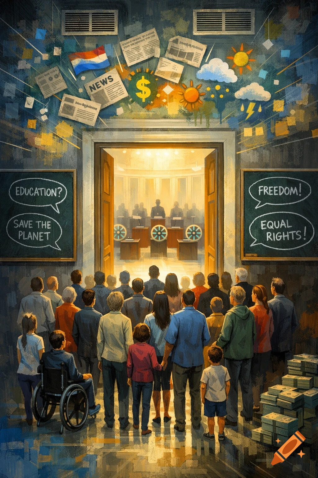 An diverse crowd faces an open, glowing doorway to a parliament ...