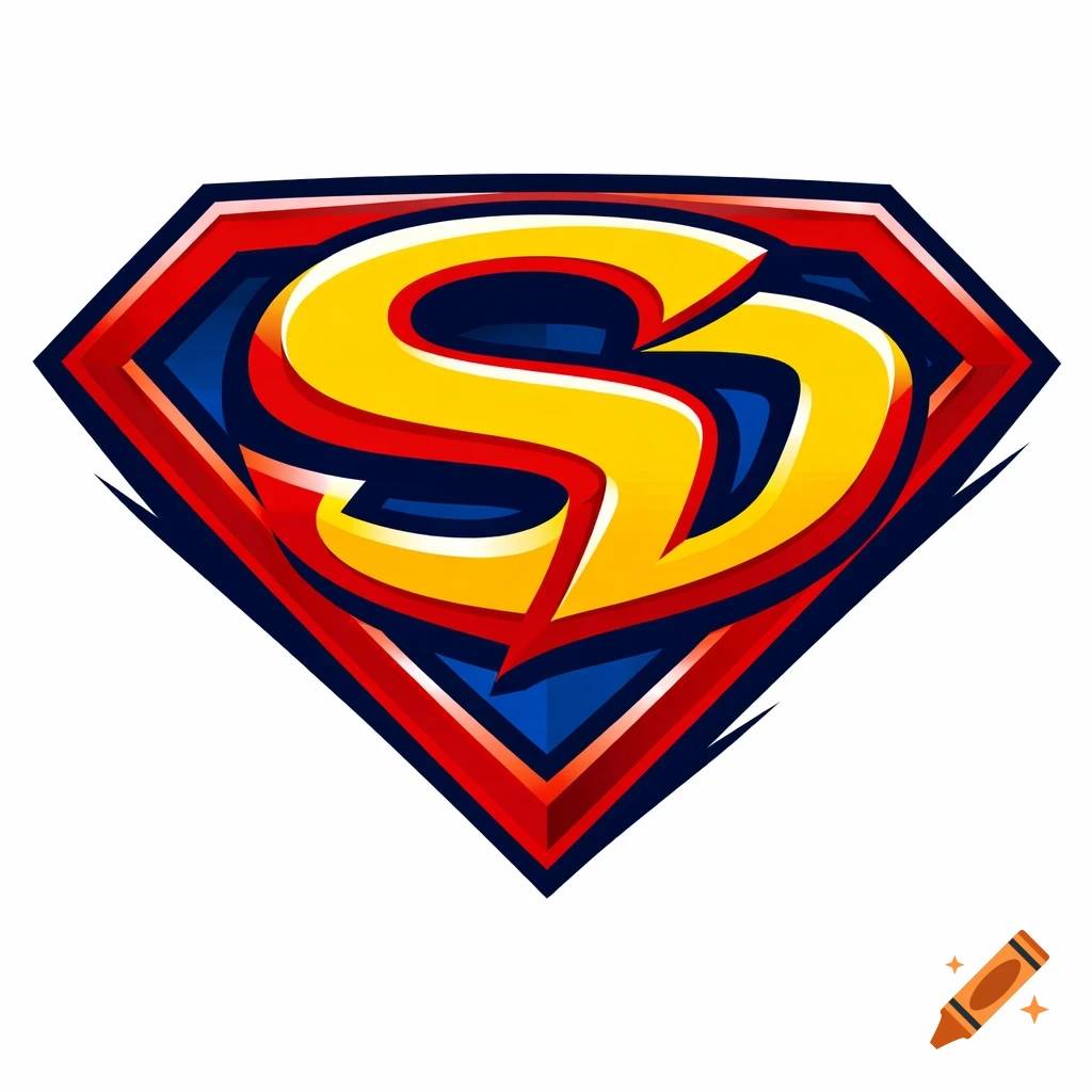 A superhero-style logo, a red and blue shield with a yellow stylized ...