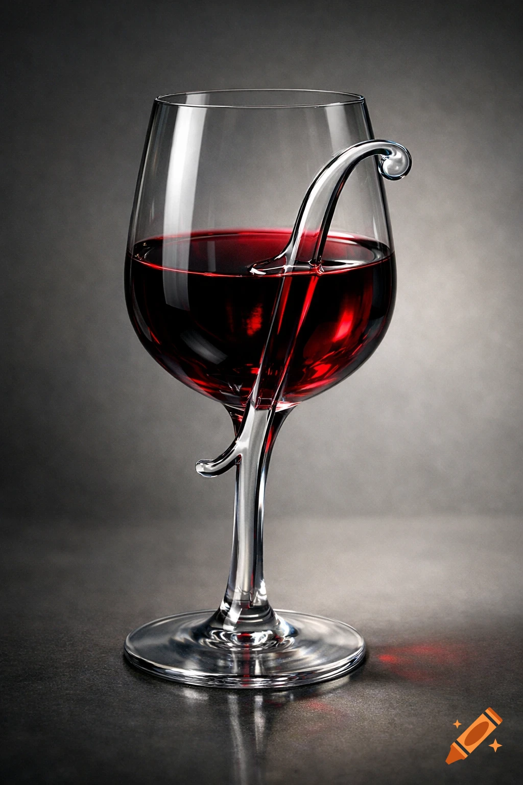 A glass of red wine with a stylized letter 'f' forming the stem and ...
