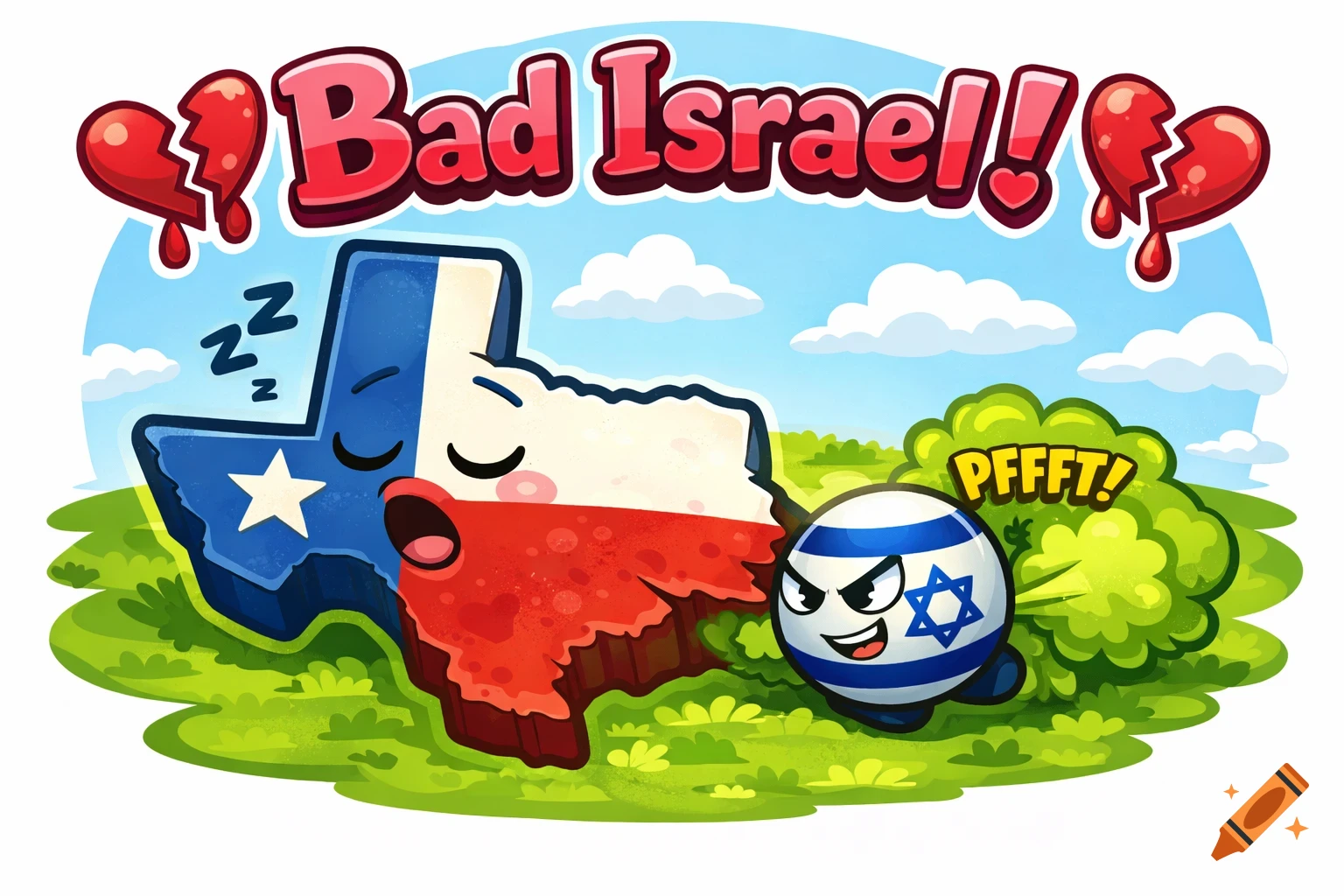 A cartoon countryball of Israel farts on a sleeping Texas countryball ...