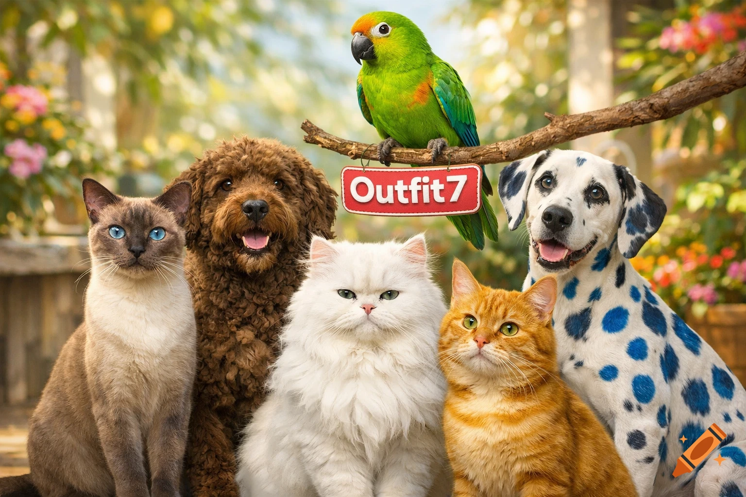 Diverse pets: Siamese cat, brown poodle, white Persian cat, orange ...