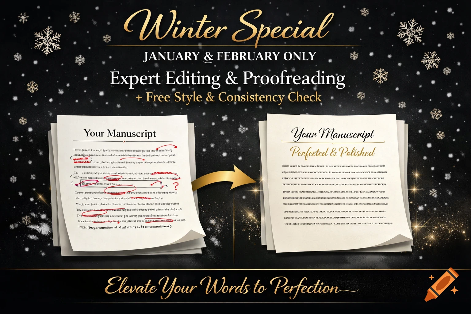 A black and gold ad with snowflakes, featuring two document pages, one ...