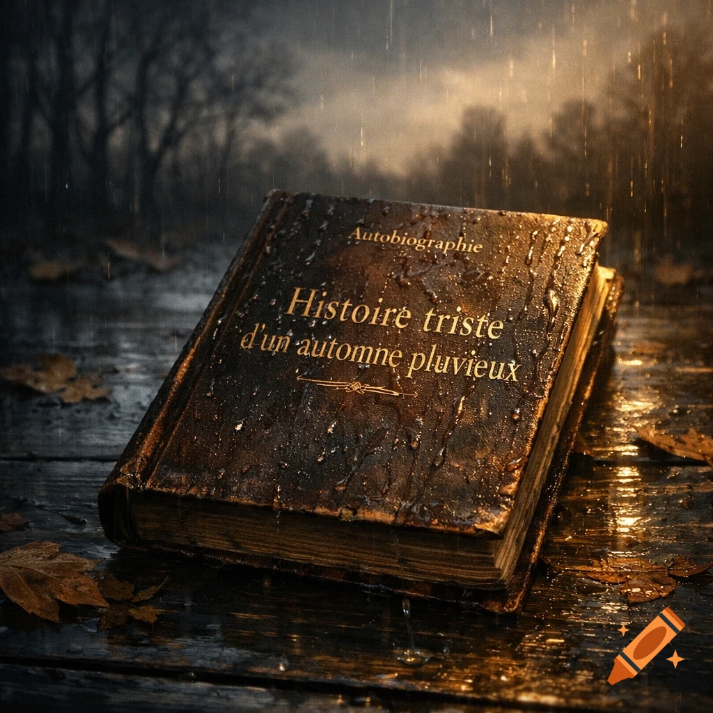 A weathered, dark book with gold lettering "Histoire triste d'un ...