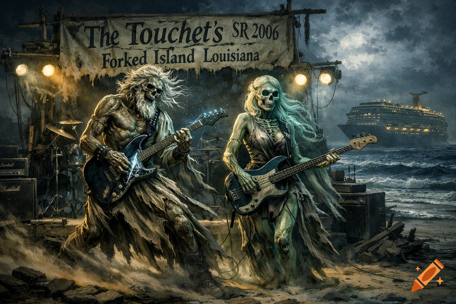 Two skeleton musicians play electric guitar and bass on a dark beach ...