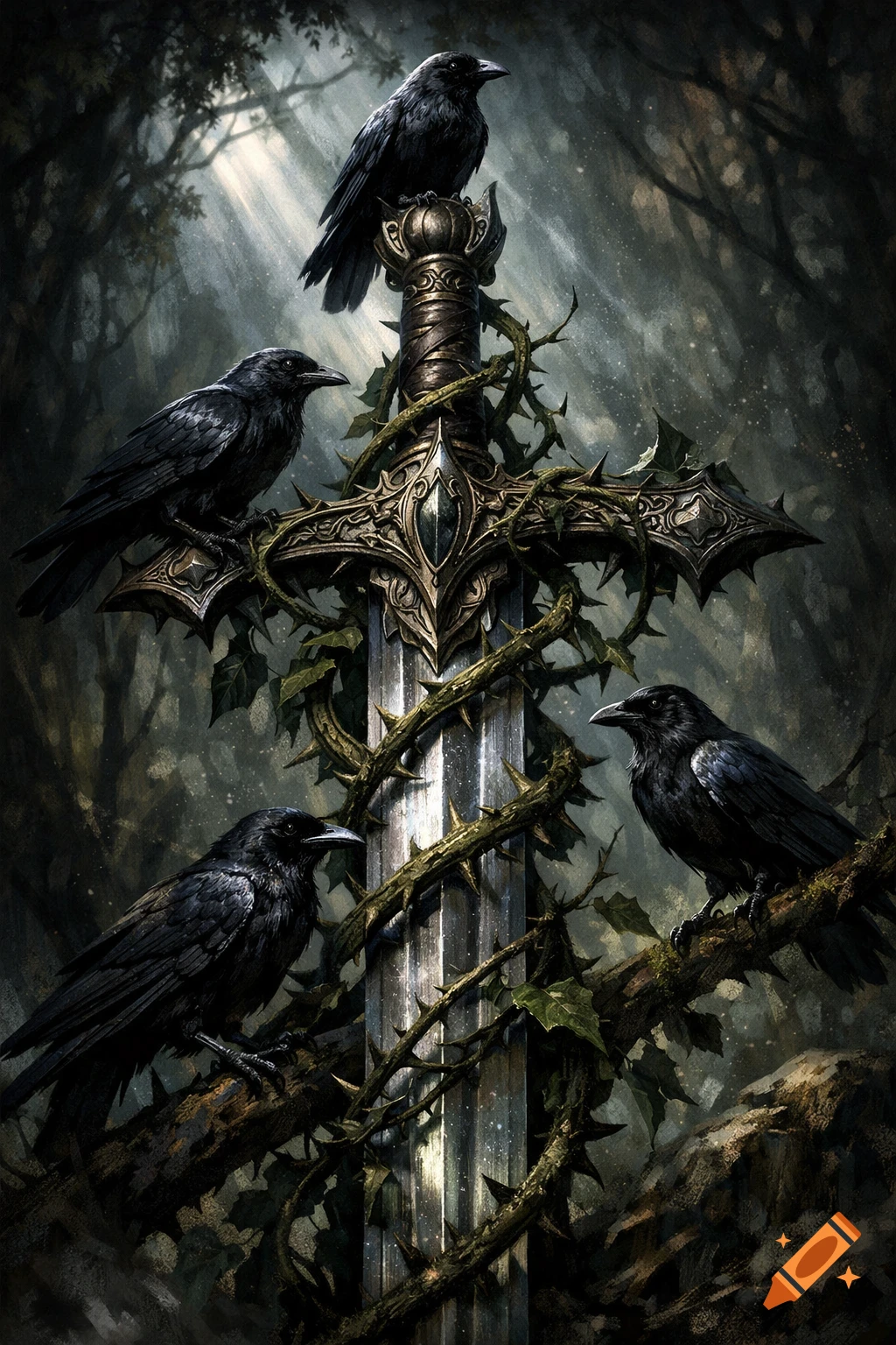 Ornate fantasy sword entwined with thorny vines, surrounded by four ...