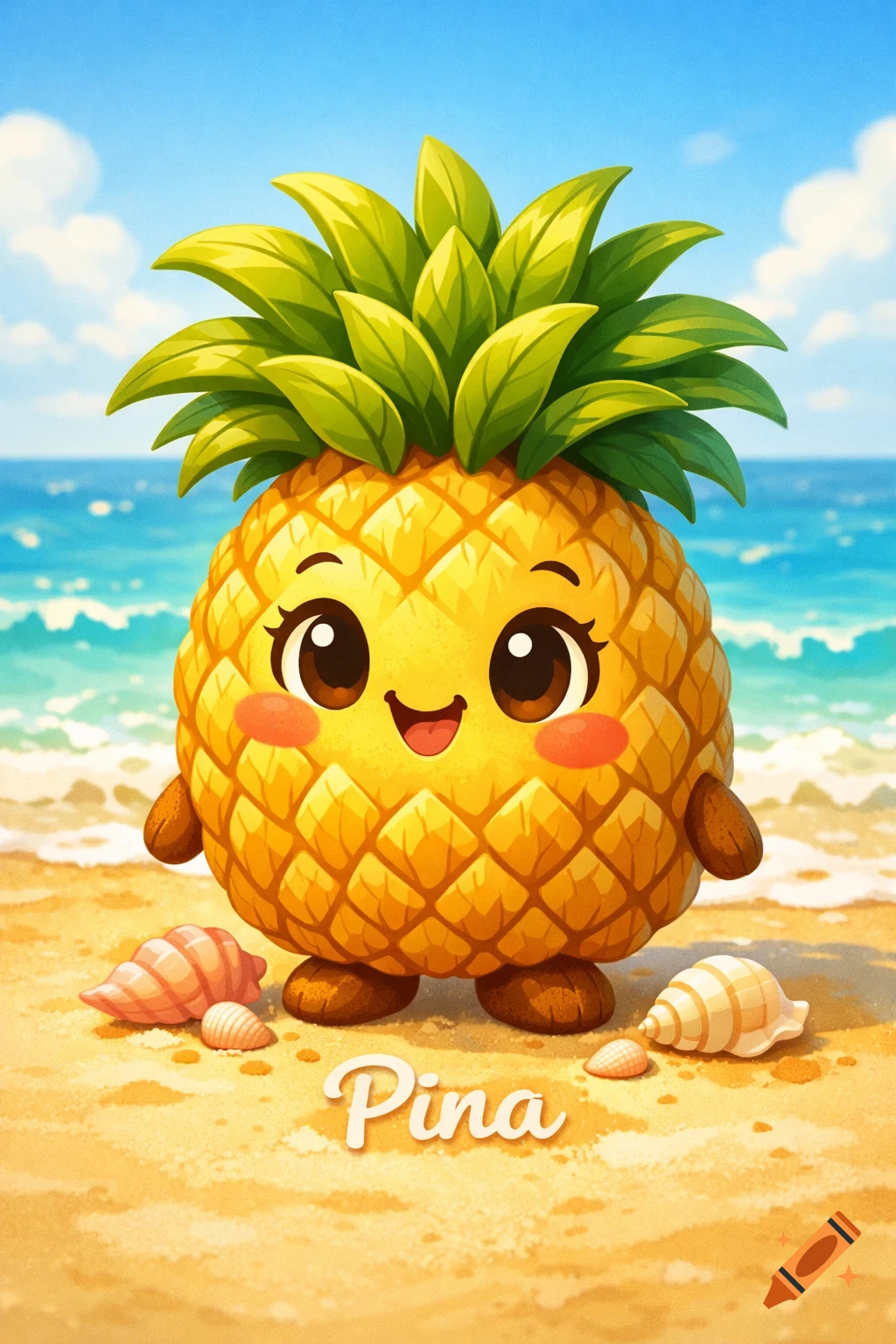A cute, cartoon pineapple character with big eyes smiles on a sandy ...