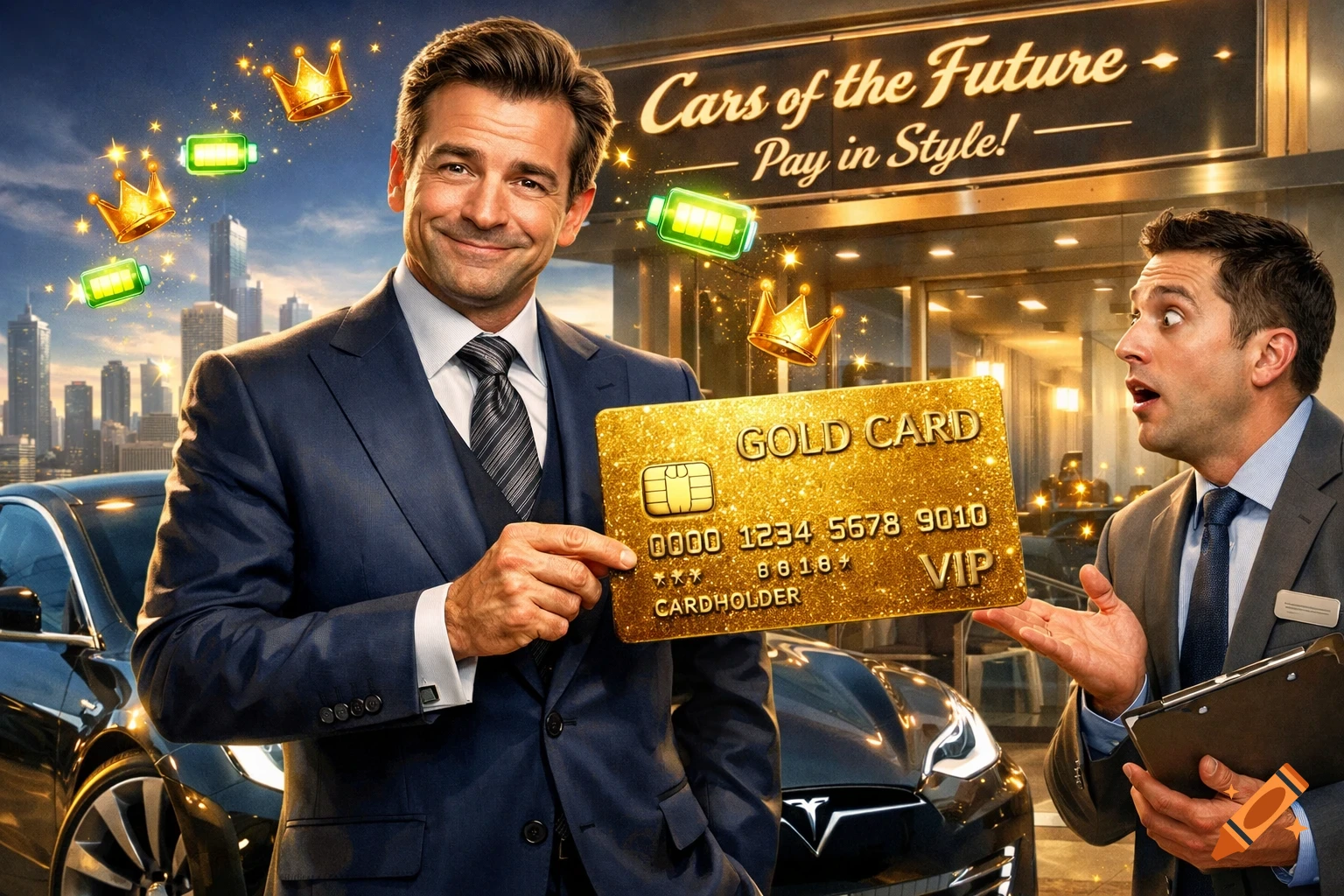 A man in a suit confidently presents a sparkling gold card to a ...
