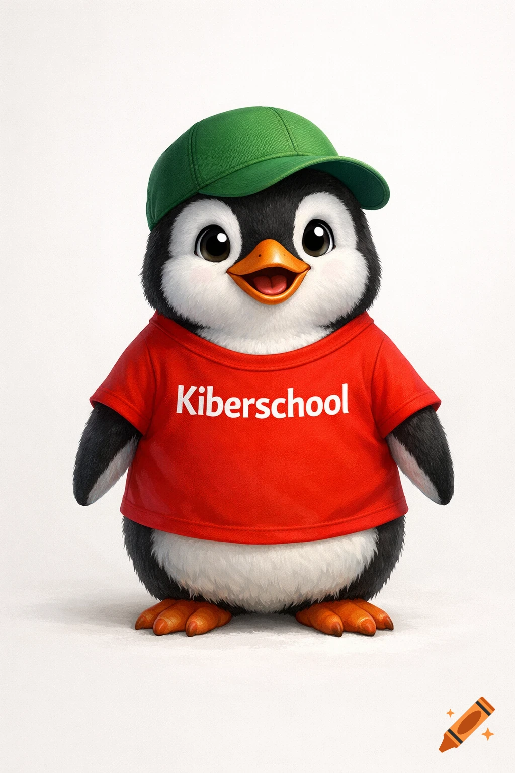 A cute, fluffy cartoon penguin wearing a green baseball cap and a red t ...