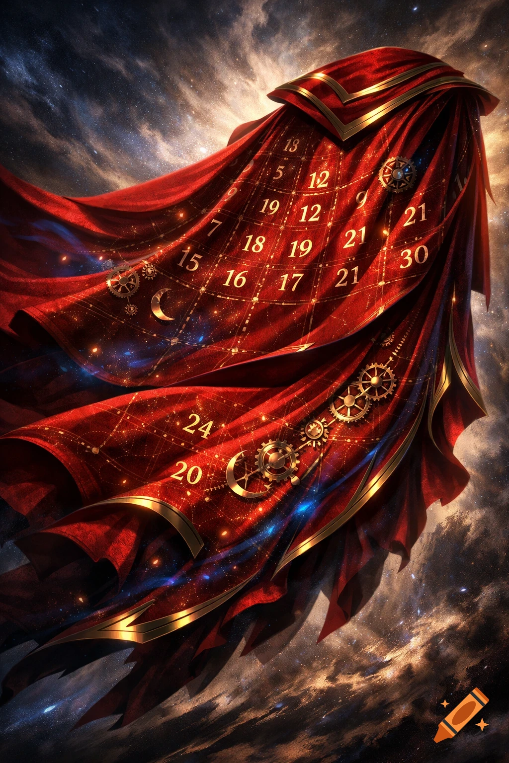 Red superhero cape with calendar grid, gold numbers, gears, and a ...