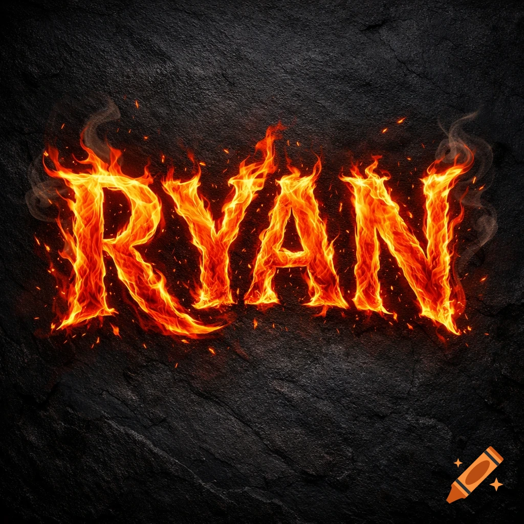 The name RYAN stylized in vibrant orange and red flames against a dark ...