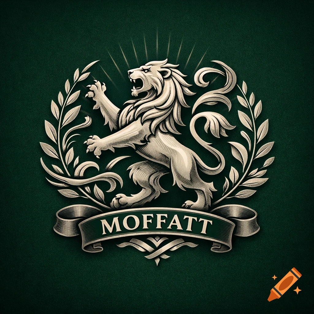 A detailed heraldic style logo featuring a silver rampant lion within a ...