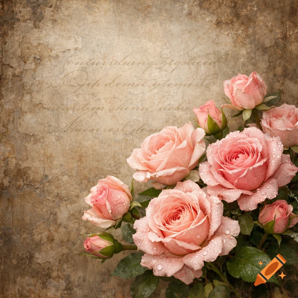Close-up of pink roses with water droplets, arranged on a textured ...