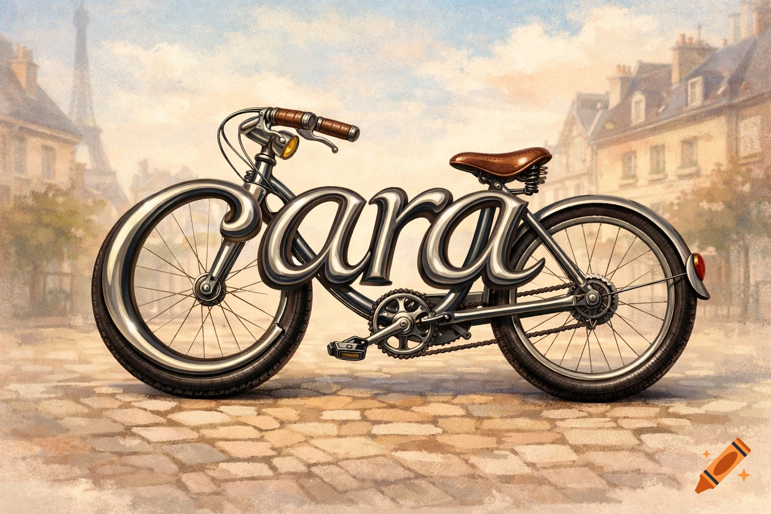 Stylized painting of a bicycle whose frame spells 'Cara' on a ...