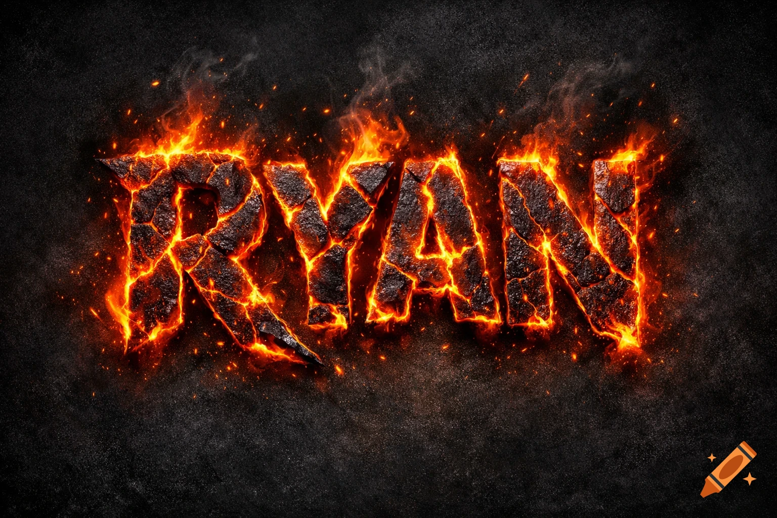 The name RYAN rendered in fiery, cracked volcanic rock with glowing ...