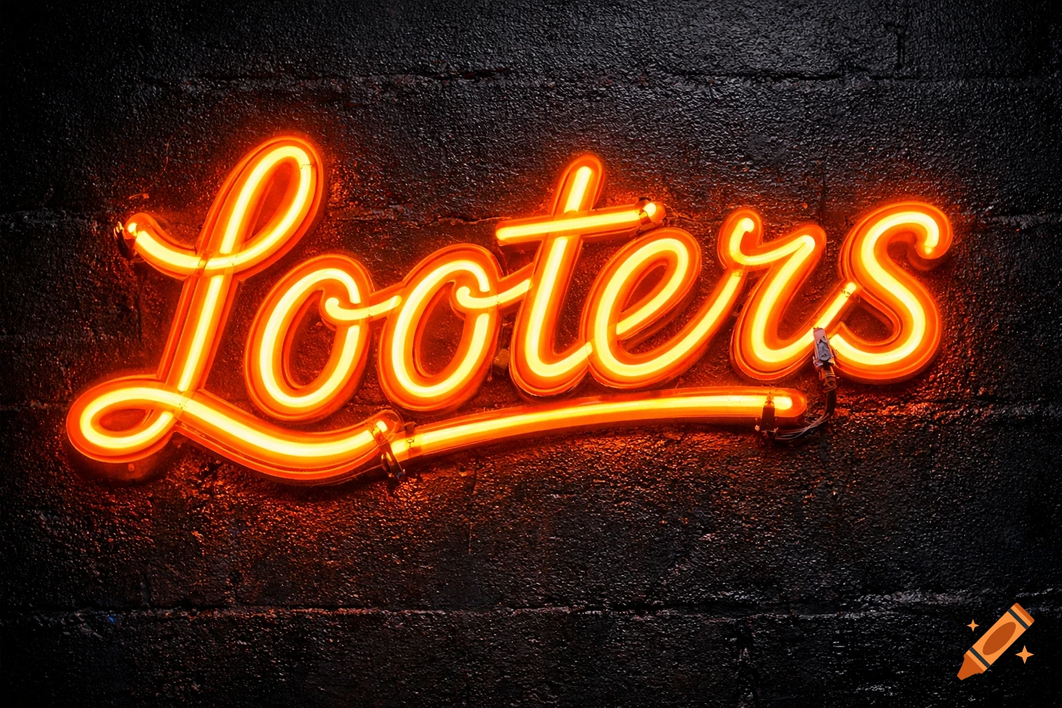 An orange neon sign spelling out the word 'Looters' on a textured black ...