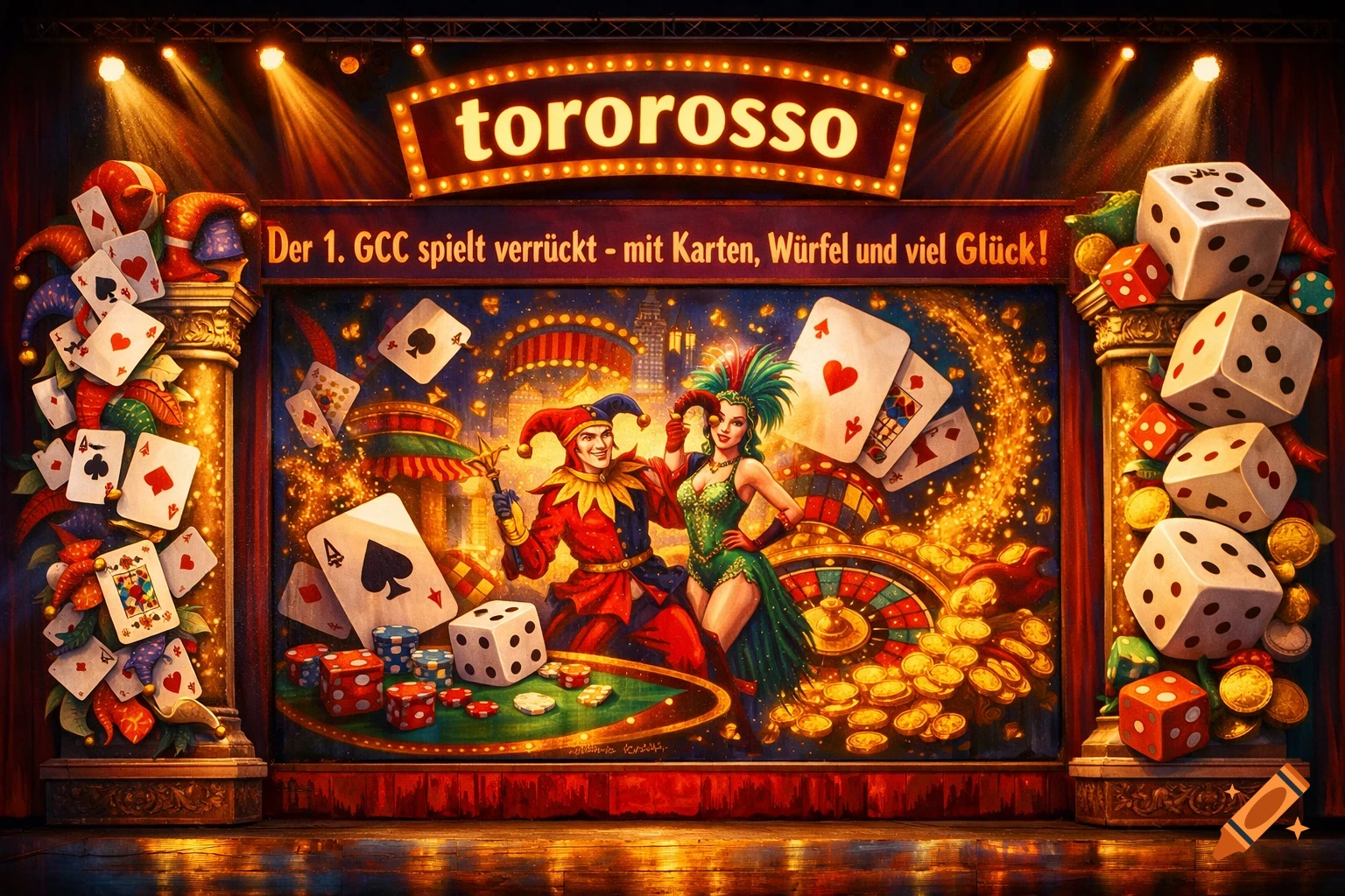 A vibrant carnival and casino-themed stage with a jester, a woman ...