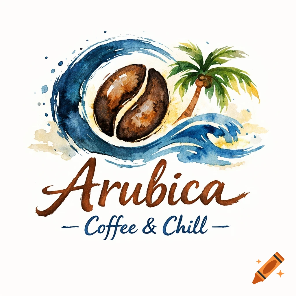 A watercolor logo for Arubica Coffee & Chill with two coffee beans, a ...