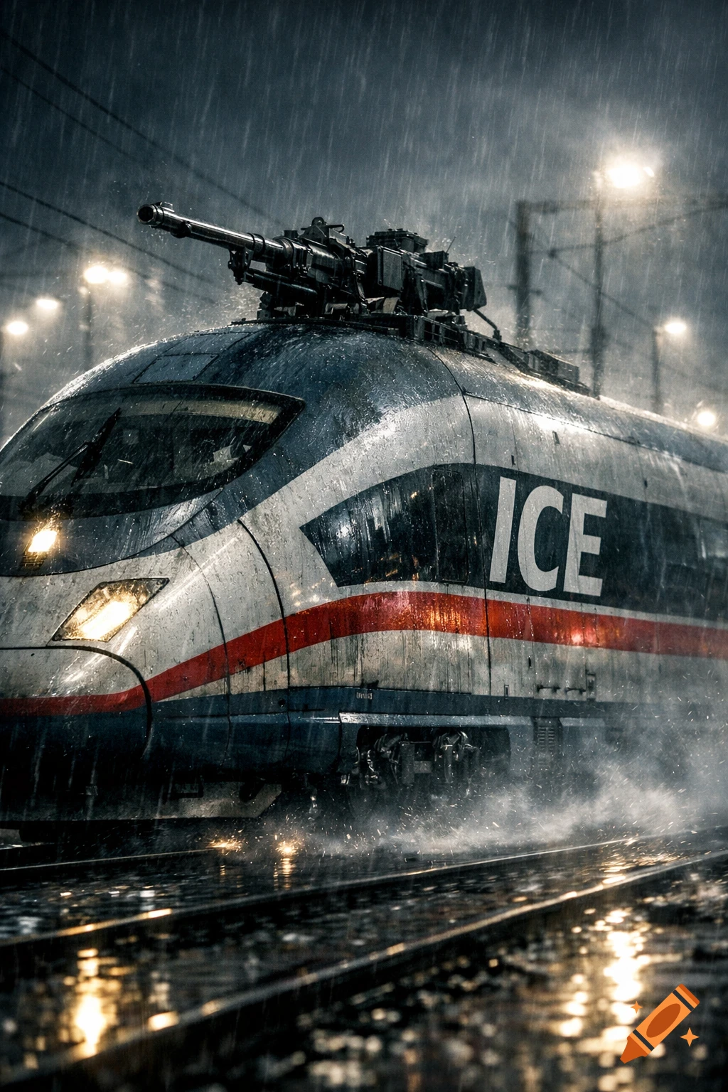 A German ICE train with a machine gun on its roof moves through heavy ...