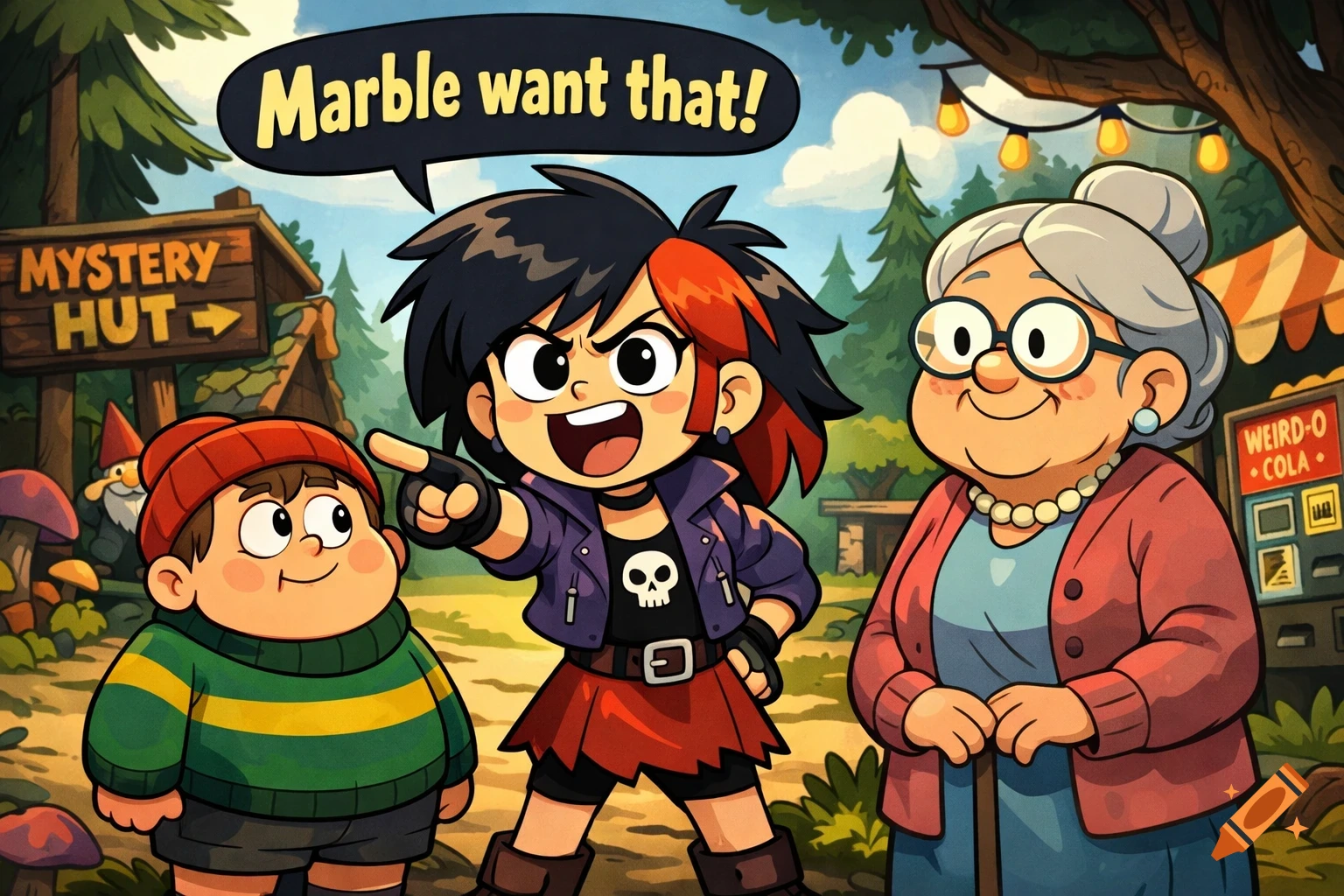 A cartoon screen capture showing three characters: a girl in a purple ...