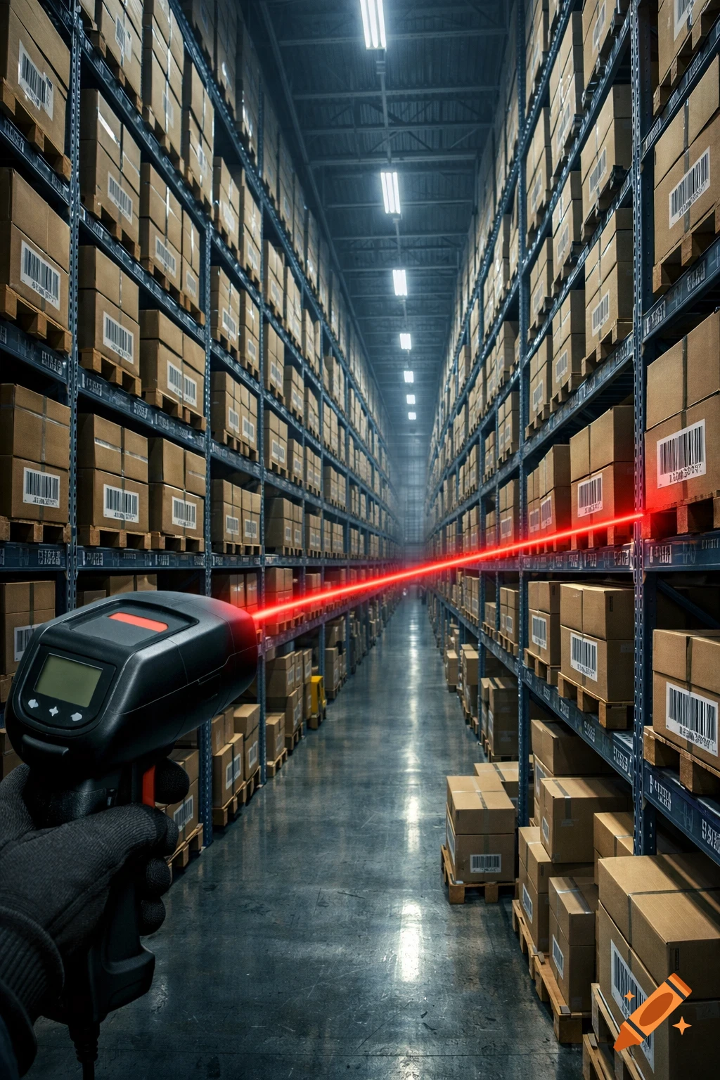 Photorealistic image of a hand in a glove scanning a barcode on a box ...