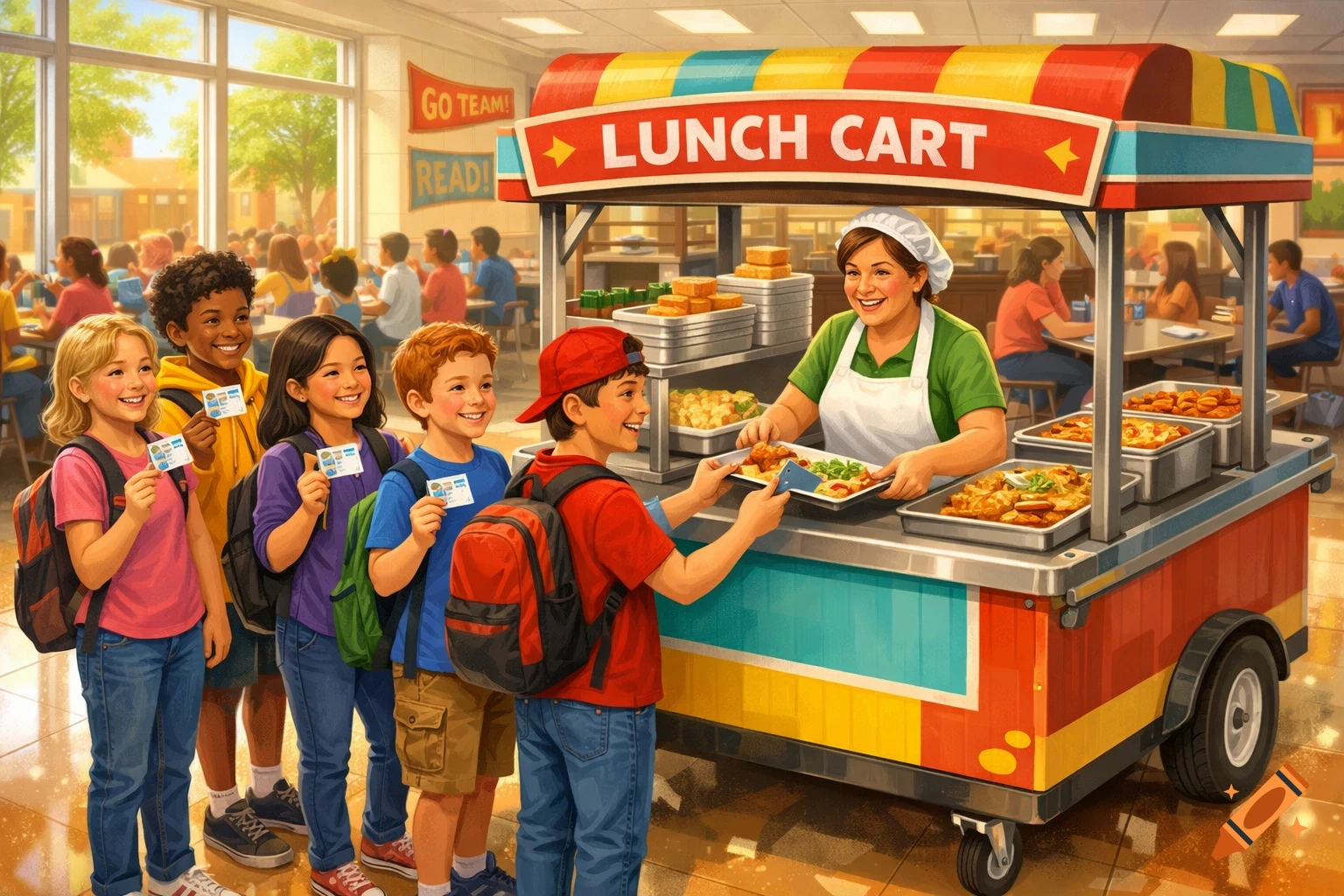 Smiling children wait in line at a cheerful school cafeteria lunch cart ...