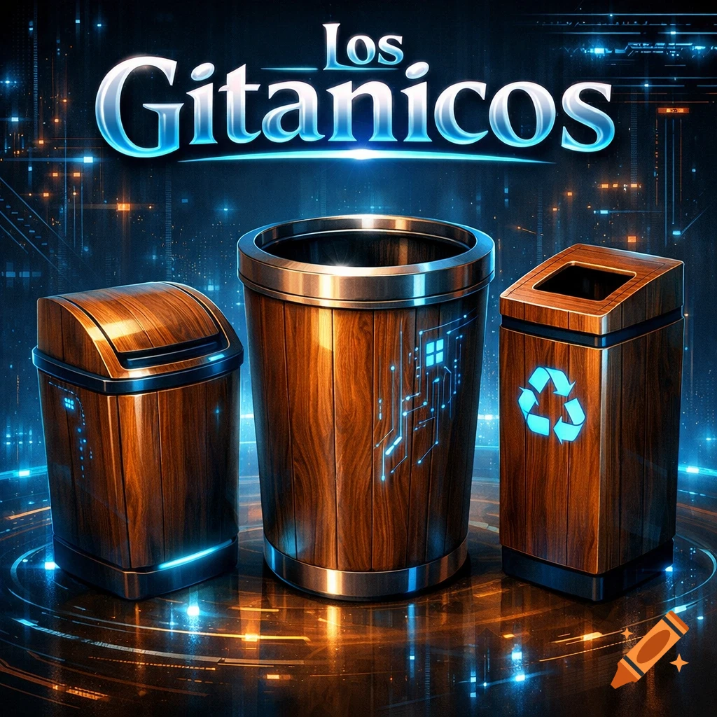 Three wooden trash cans with neon tech accents in a glowing digital ...